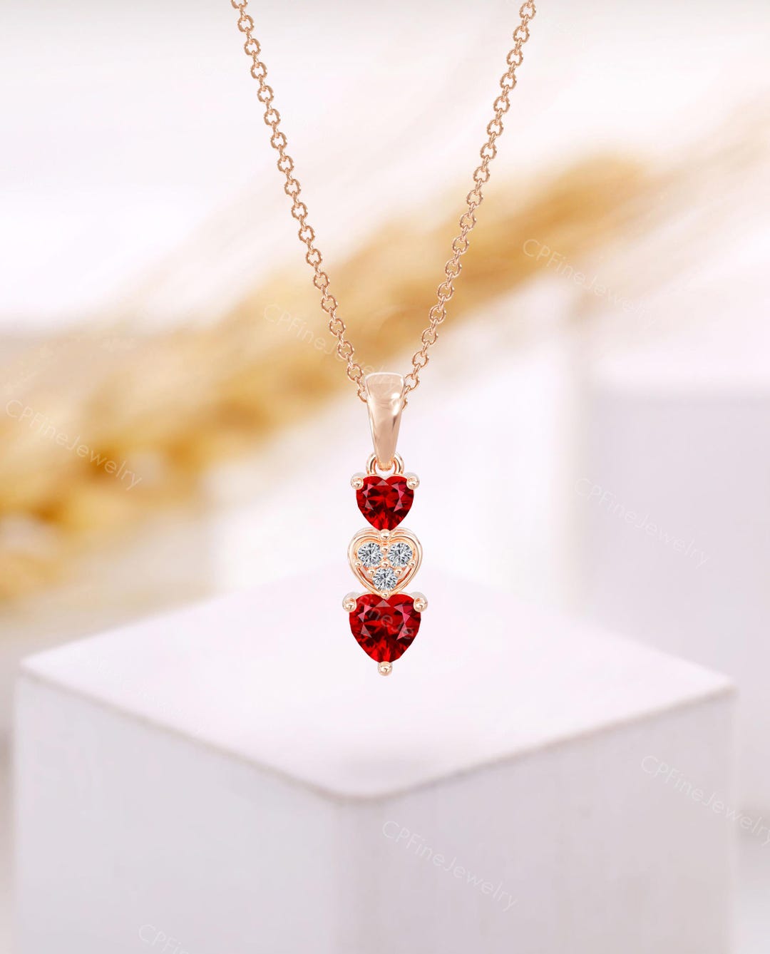 Ruby Heart & Love Design Pendant - Rose Gold Triple Heart Necklace - Ruby Moissanite Love ...