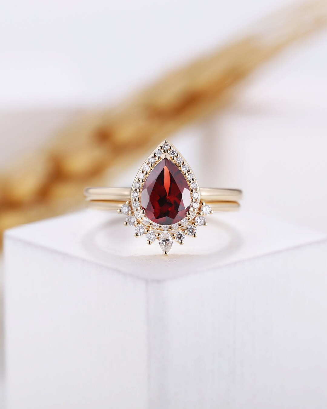 Pear Cut Garnet Engagement Ring Set Vintage Rose Gold Moissanite Halo ...