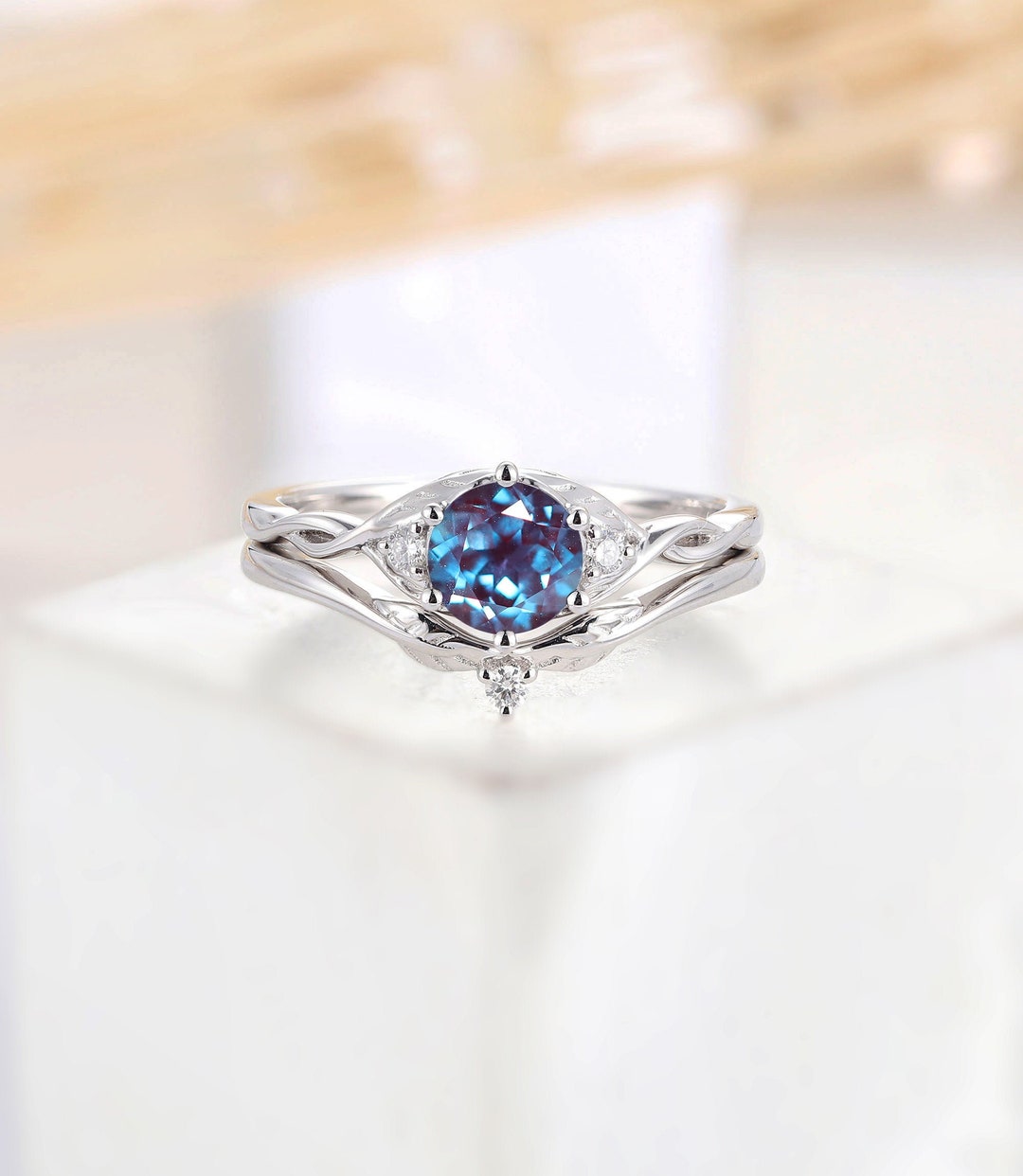 Alexandrite Engagement Ring Set White Gold Vintage Round Ring Art Deco ...