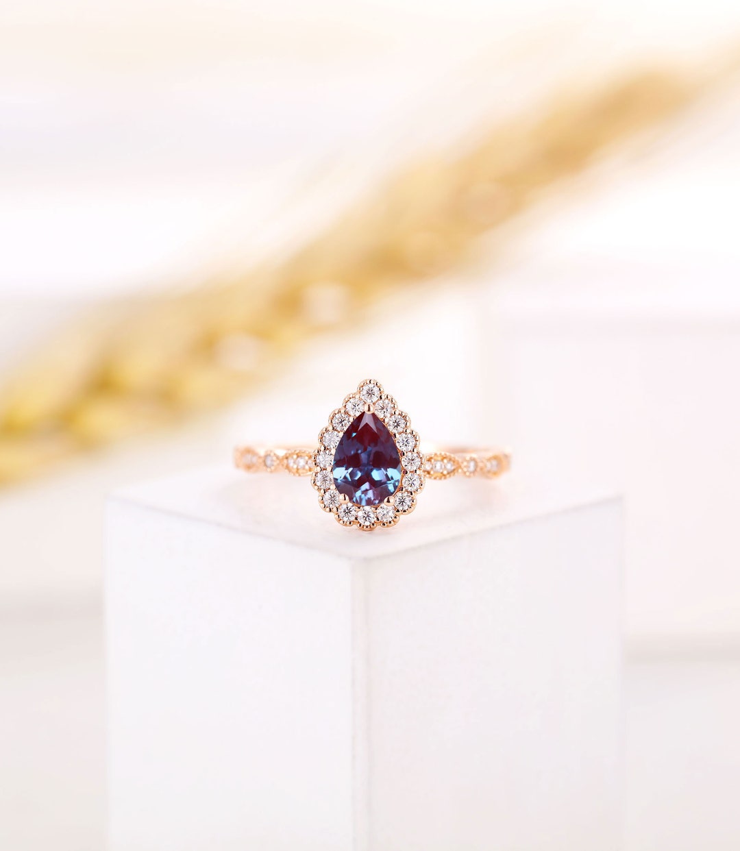 Alexandrite Engagement Ring Pear Cut,half Eternity Moissanite Halo ...