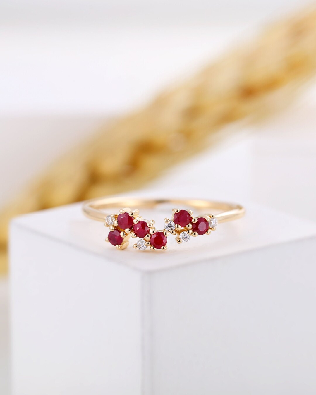 Vintage Cluster Ruby Wedding Band Ring Rose Gold, Art Deco Band Dainty ...