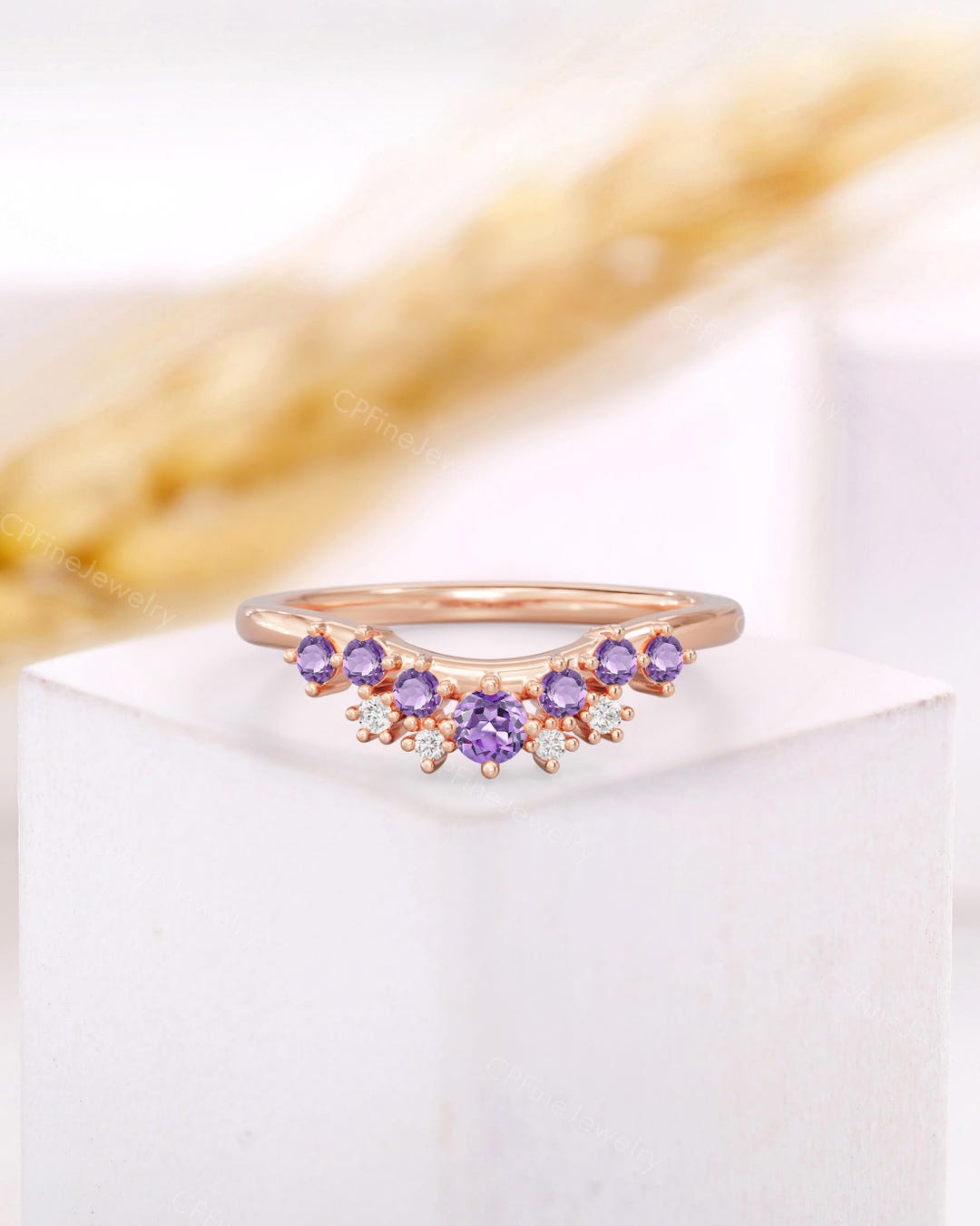 Amethyst Curved Wedding Band - Rose Gold Moissanite Matching Ring ...
