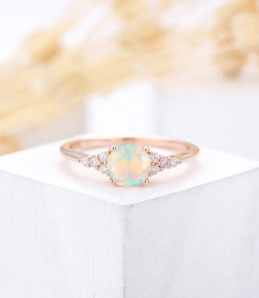 African Faceted Opal Engagement Ring Rose Gold Round Ring Art Deco ...