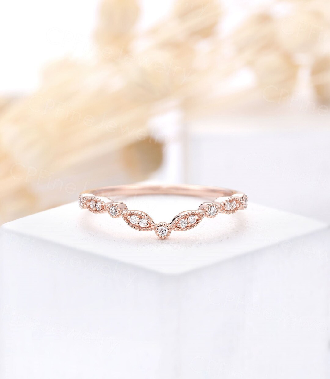 Vintage Curved Wedding Band Rose Gold Art Deco Chevron Band Moissanite ...