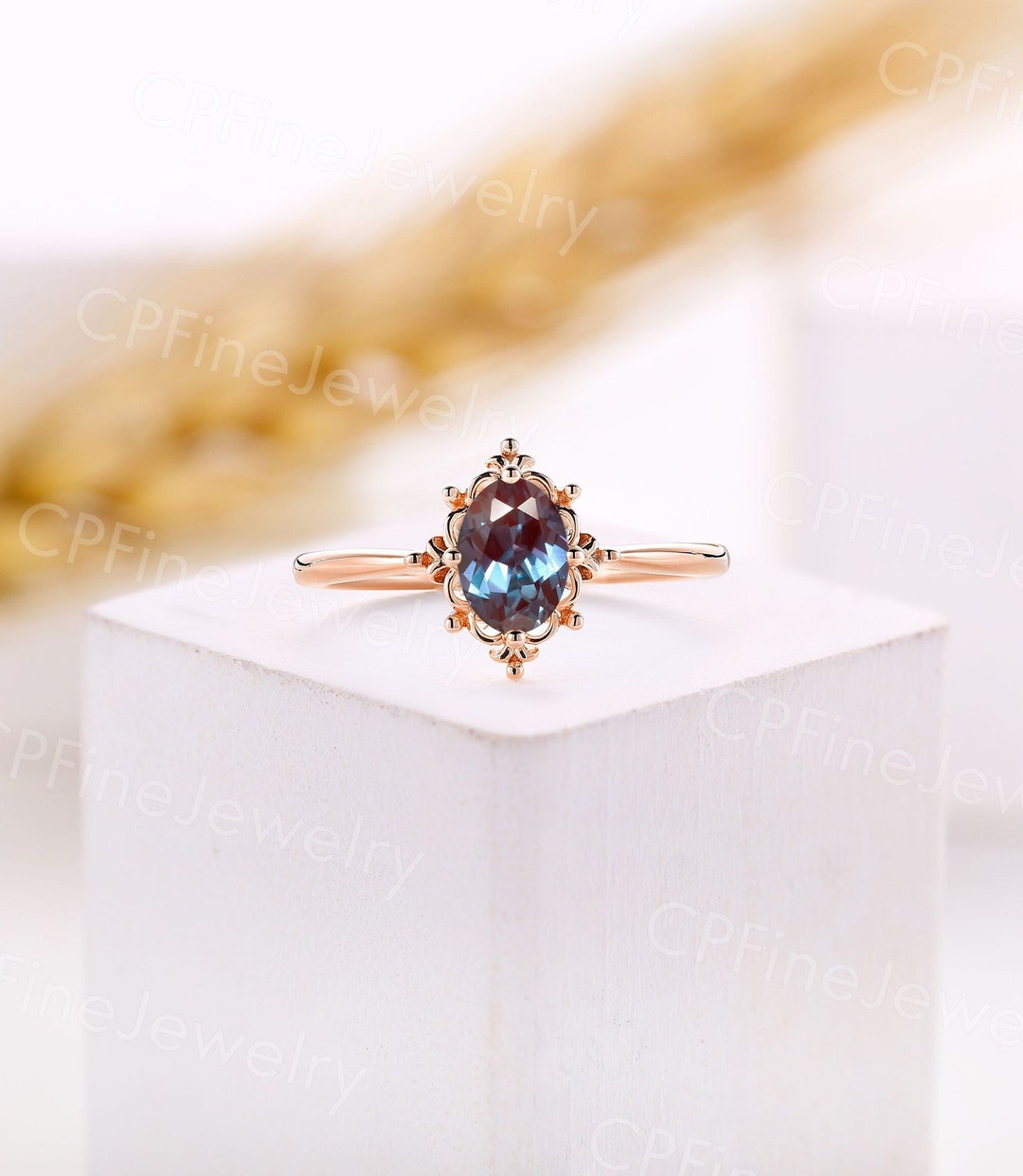 Vintage Oval Lab Alexandrite Engagement Ring Rose Gold Ring Unique ...