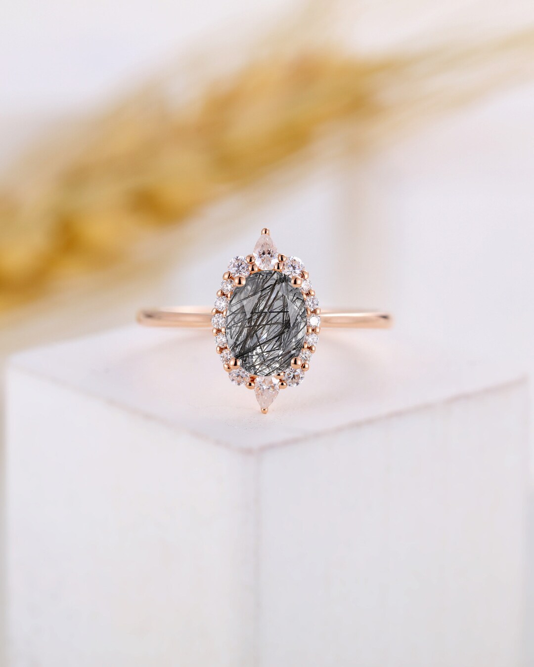 Black Rutilated Quartz Engagement Ring Vintage Oval Rutilated Quartz ...
