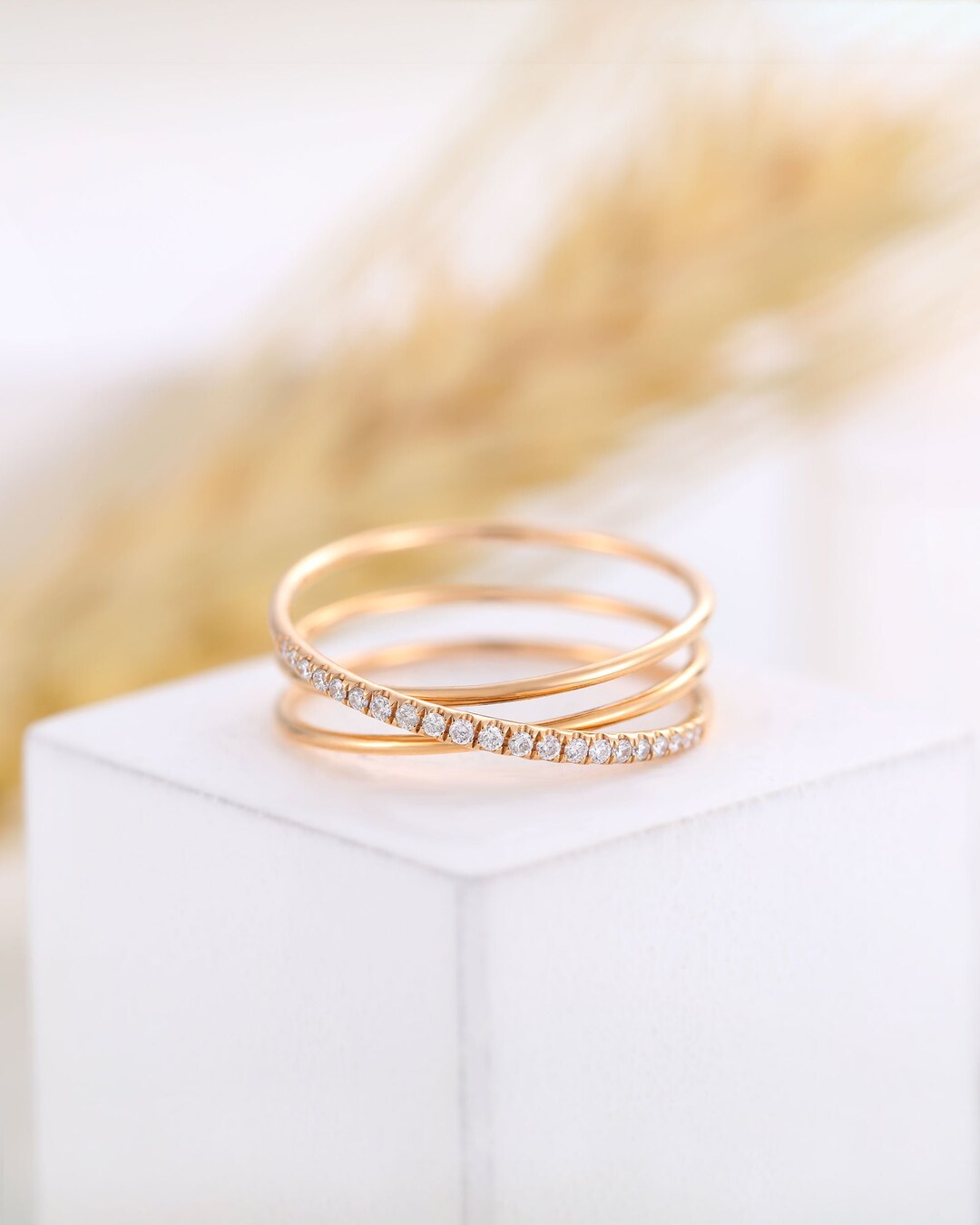 Diamond Wedding Multi Band, Cross Ring Rose Gold,delicate Moissanite ...
