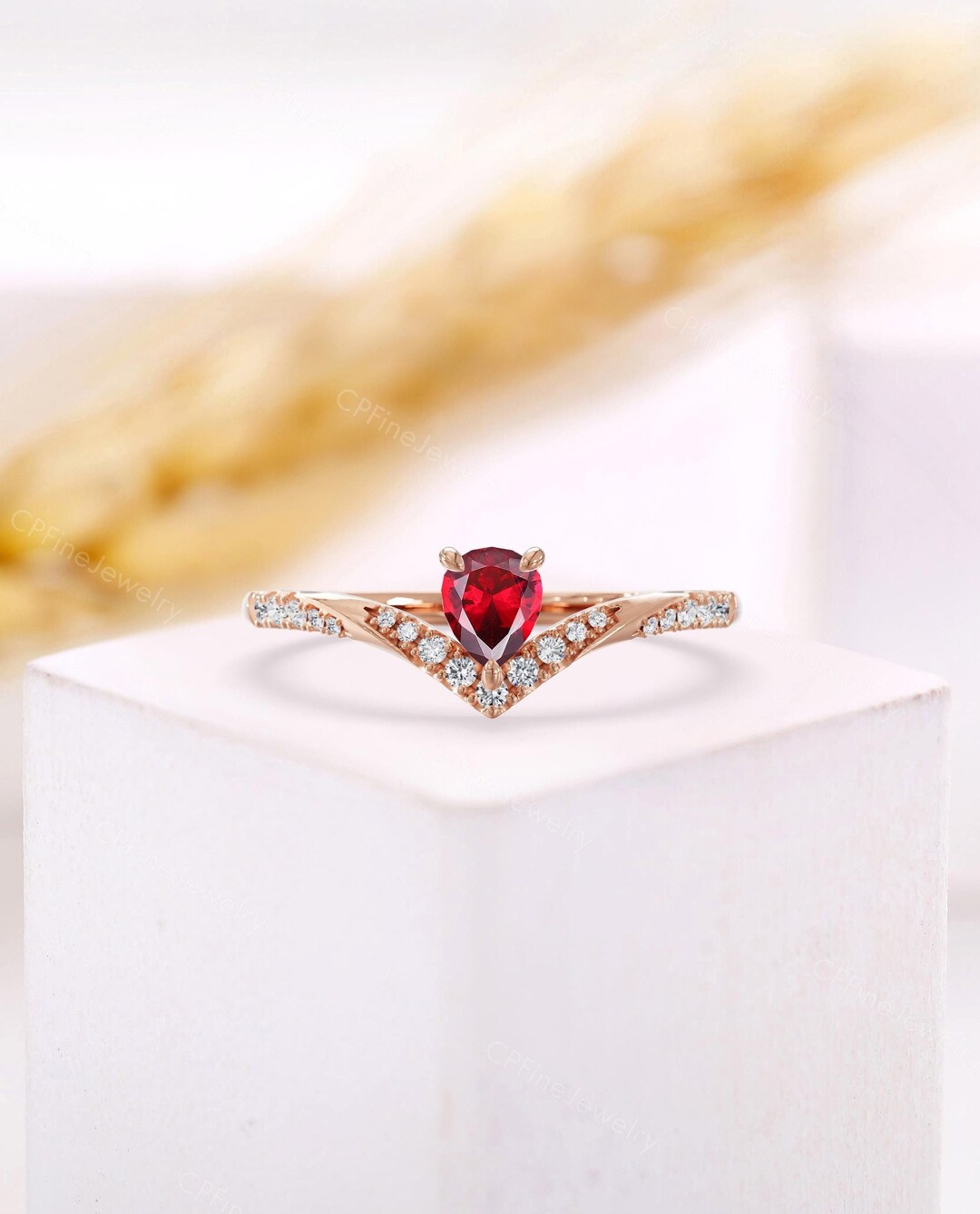 V Shape Pear Ruby Engagement Ring Moissanite Handmade Rose Gold Red ...