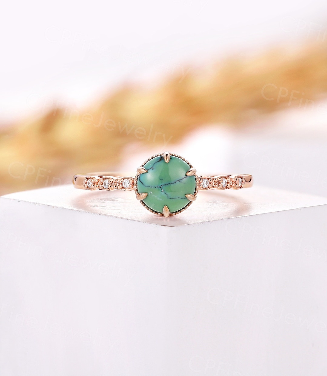 Vintage Round Shaped Green Matrix Turquoise Engagement Ring Unique Rose ...