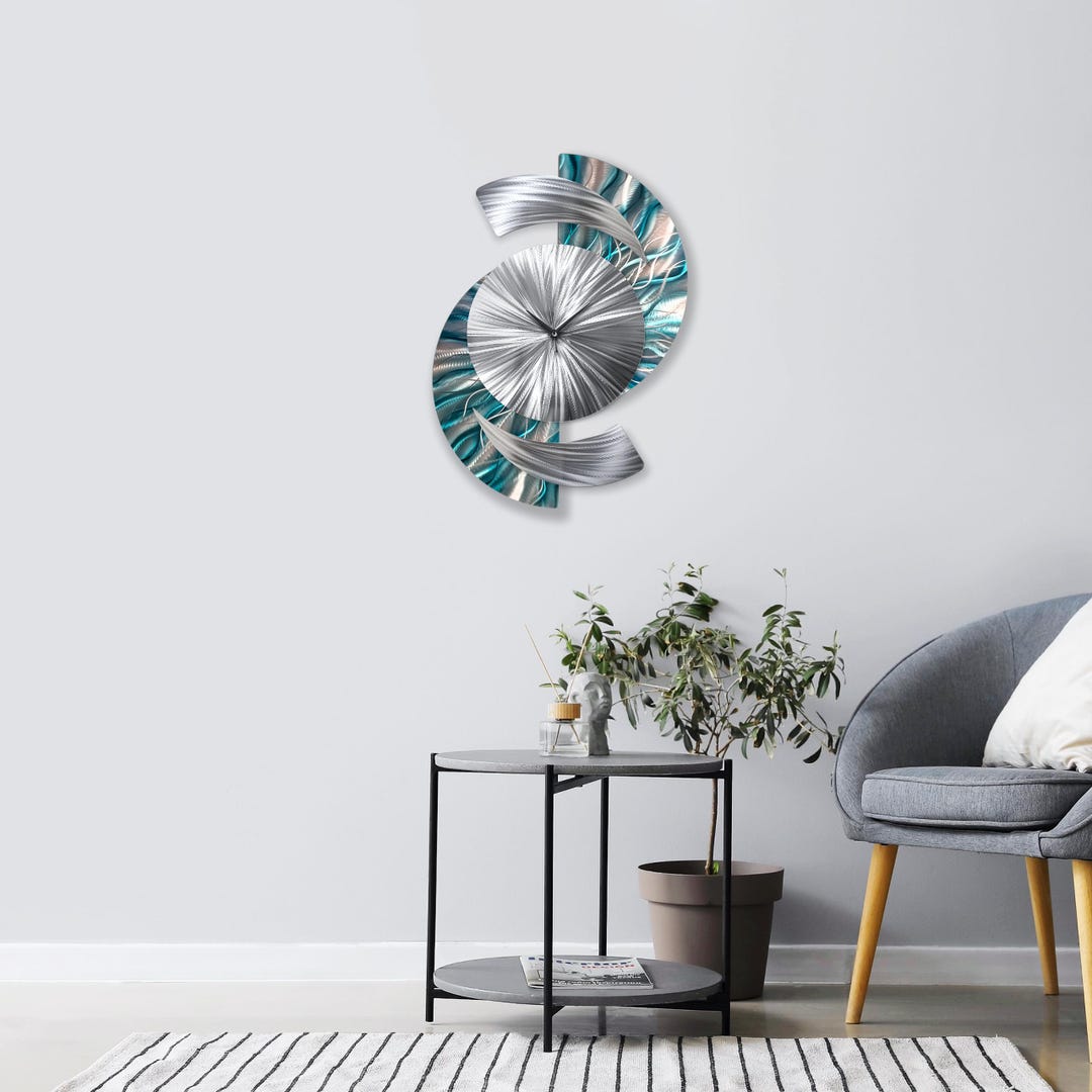 Teal Silver Metal Wall Clock: Modern Abstract Art Timepiece - Etsy