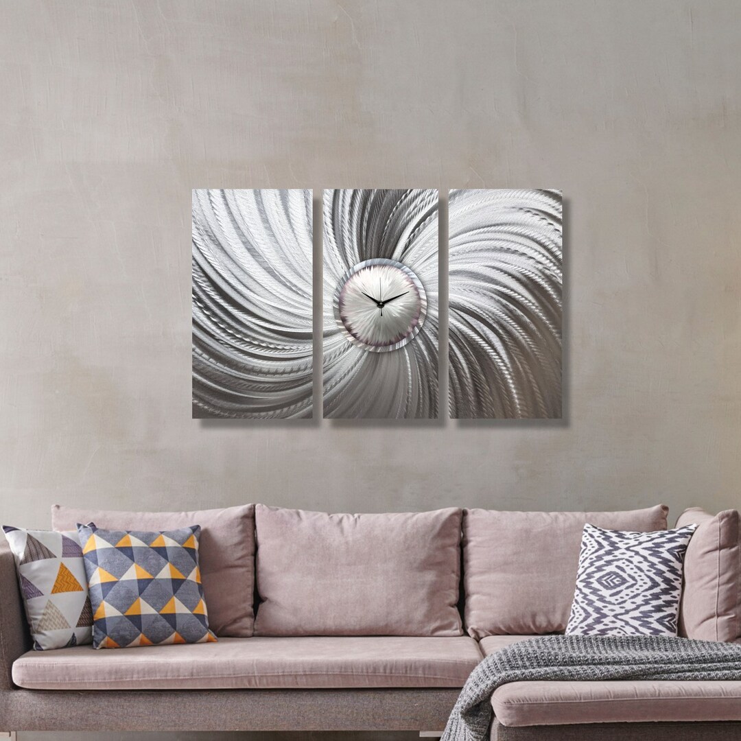Unusual Large Wall Clock – Modern 3-piece Wall Art, Analog Silver Clock ...