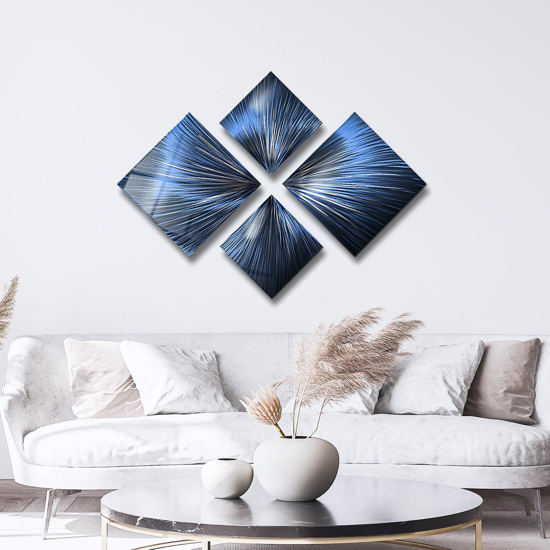 Navy Blue Metal Wall Art, Modern Set of 4 Wall Sculpture, Gallery Art ...