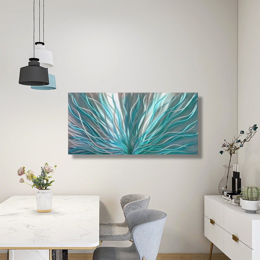 Silver Metal Wall Art, Teal Wall Art, Abstract Sculpture, Modern Art ...