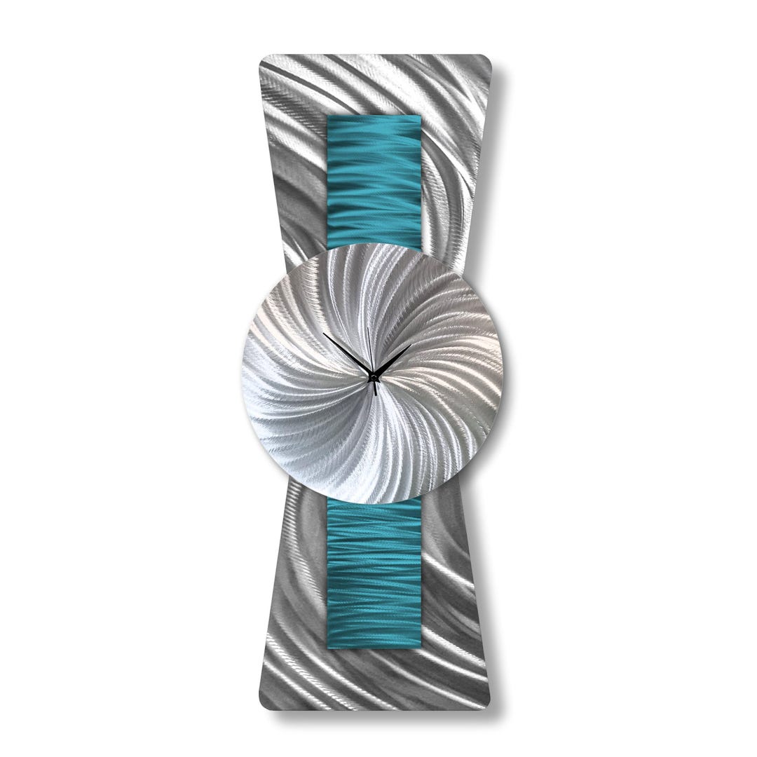 Teal & Silver Metal Wall Clock: Modern Abstract Art Timepiece (12x32 ...