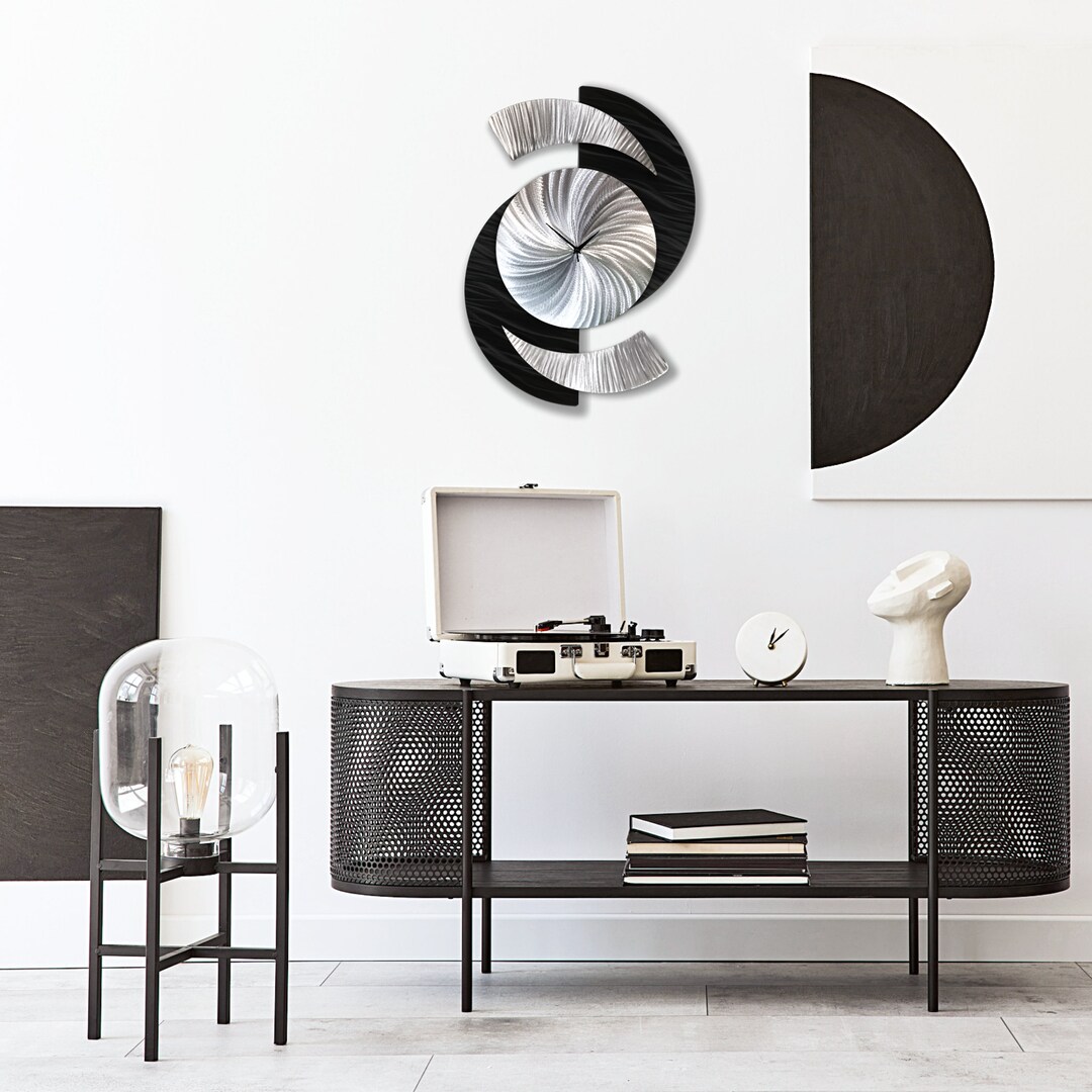 Large Black & Silver Metal Wall Clock - Modern Abstract Art - Etsy