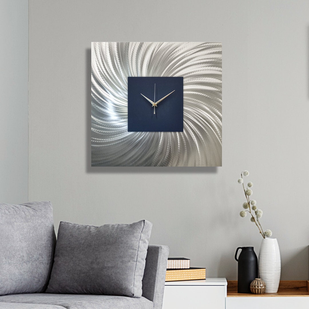 Navy Blue Wall Clock, Large Clock, Modern Clock, Silver Wall Art, Metal ...