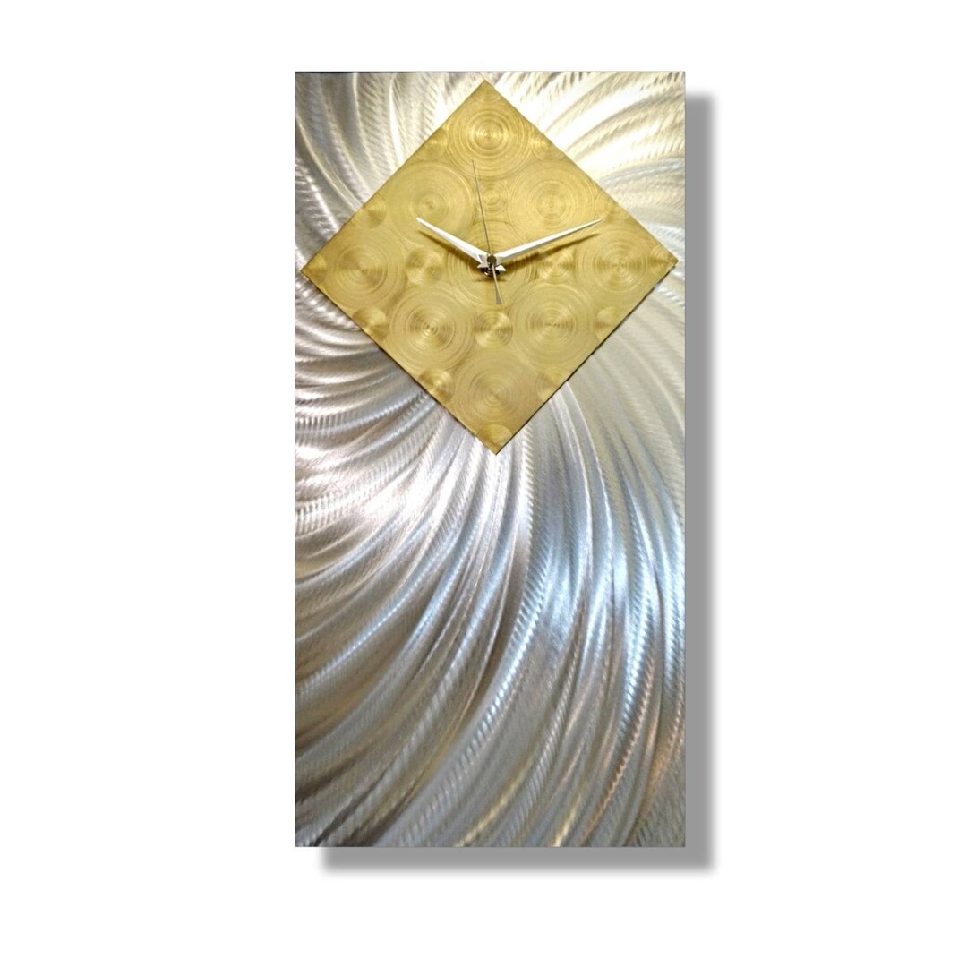 Gold and Silver Wall Clock, Rectangular Clock, Large Clock, Metal Art ...