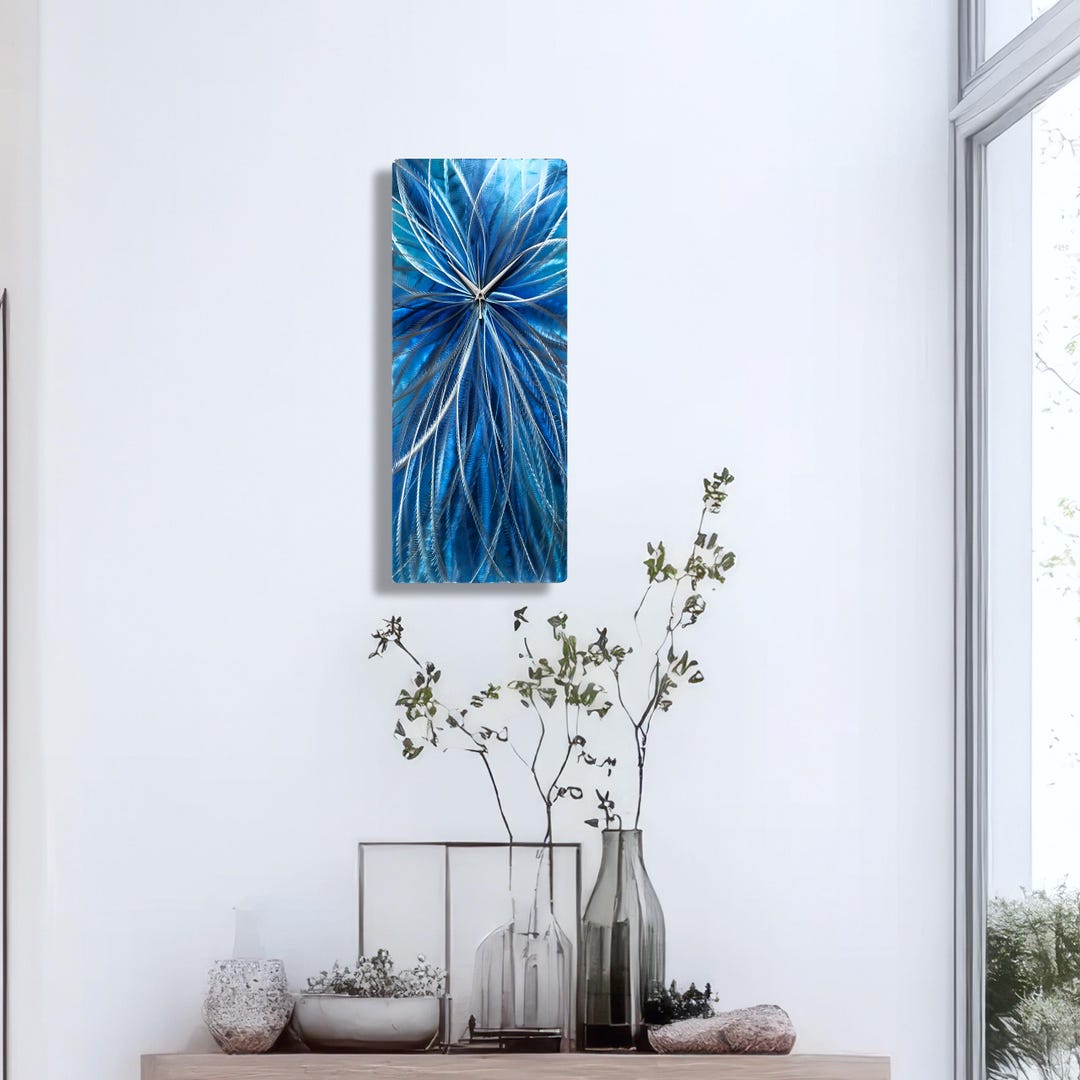 Blue Metal Wall Clock: Modern Art Sculpture, Contemporary Decor (11x24 ...