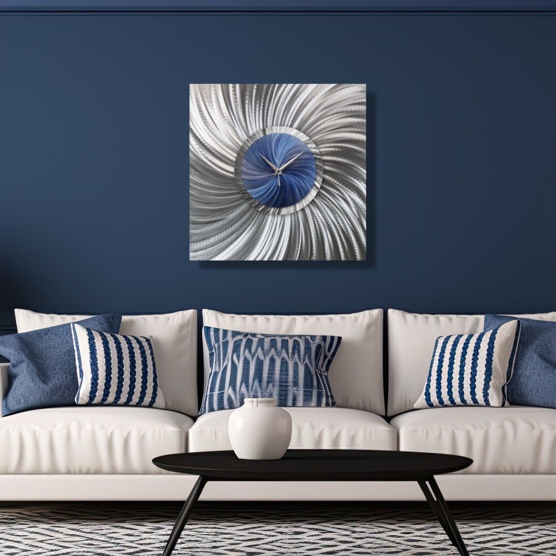 Large Wall Clock, Unique Clock, Navy Blue Clock, Modern Clock, Metal ...