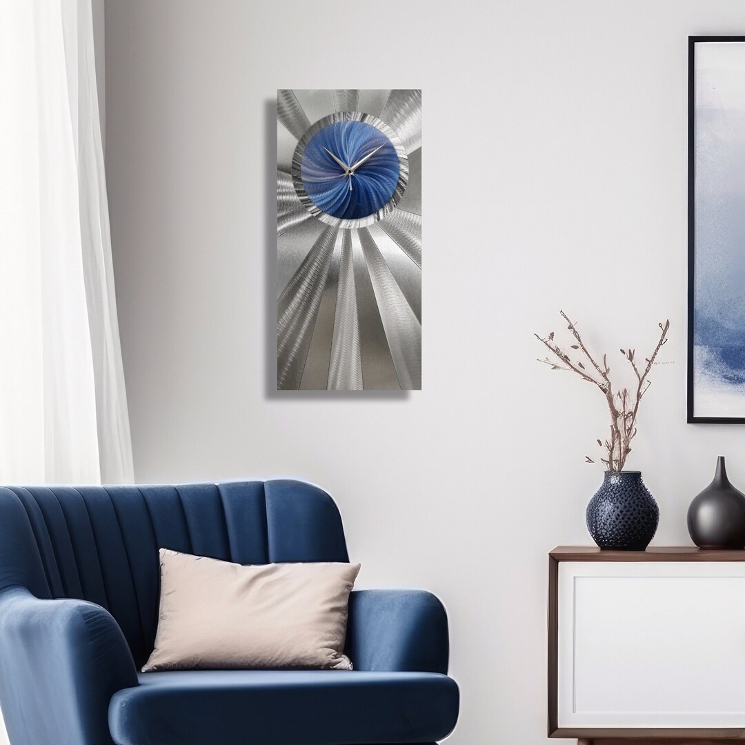 Large Navy Blue Metal Wall Clock: Modern Silver Art Sculpture - Etsy