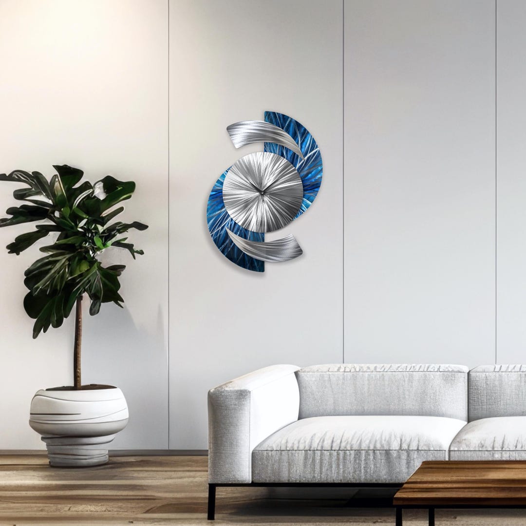 Luxury Unique Blue Metal Wall Clock – Modern Silver Wall Art for Home ...