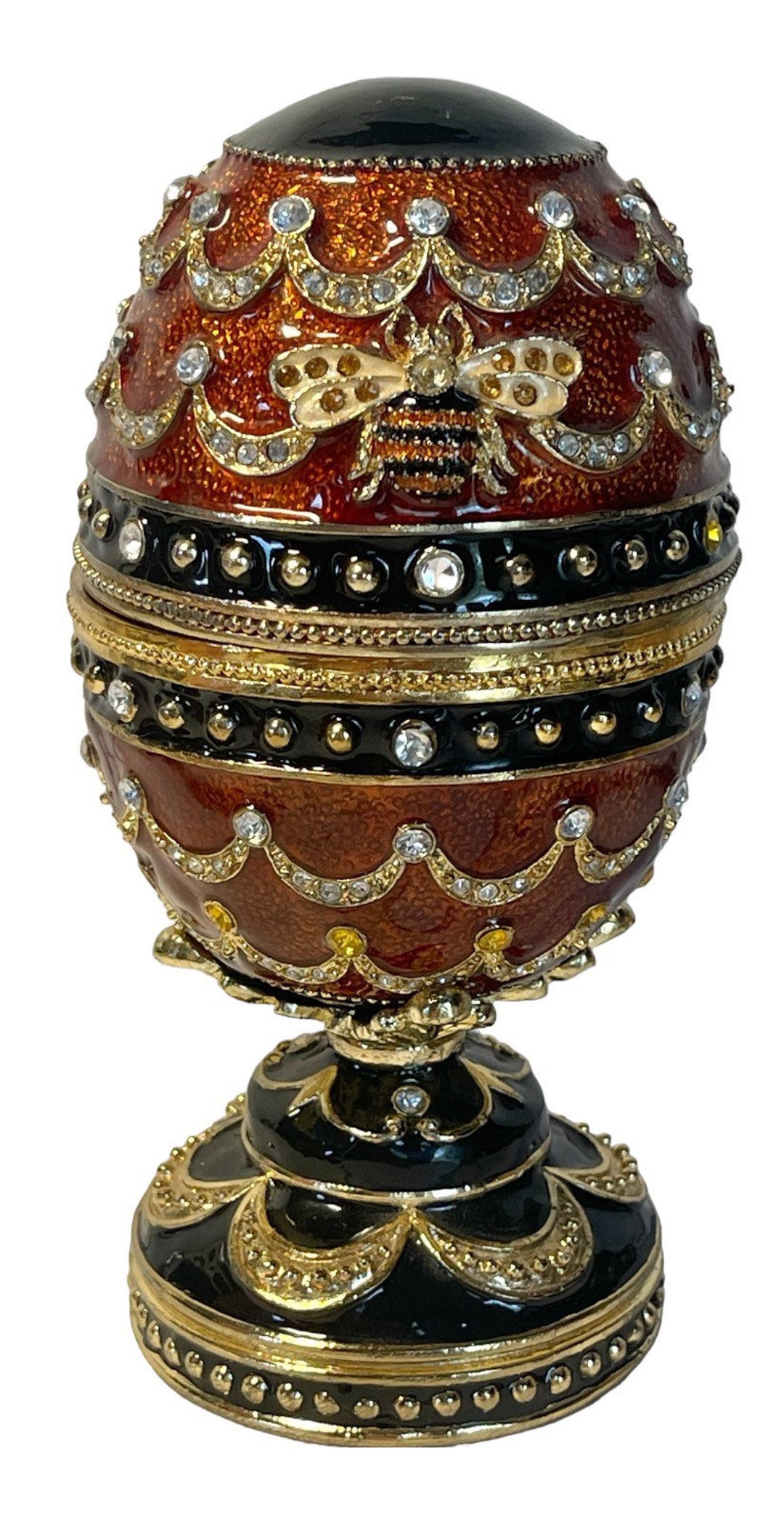 5” Egg Music Box Ruby & Black Enameled/ Metal/ Jeweled Rhinestone’s ...