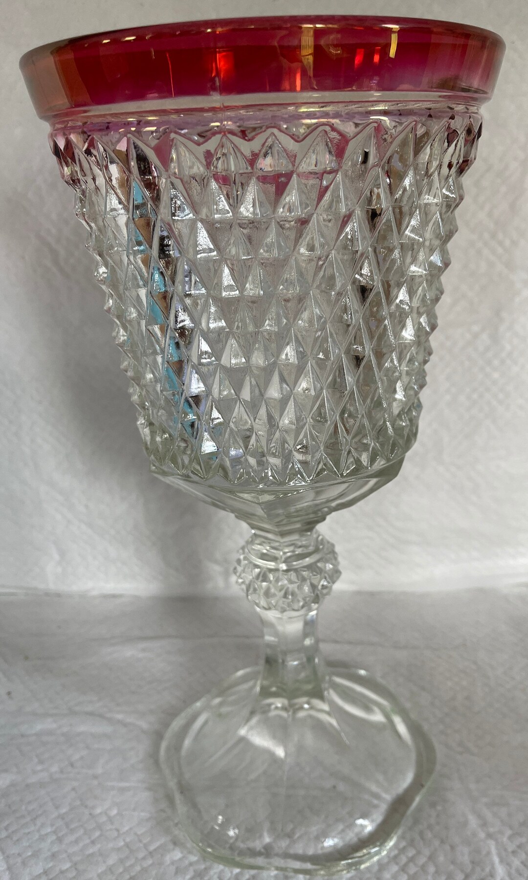 Vintage Indiana Glass Diamond Point Ruby Band Footed Vase Candy Dish 10 ...