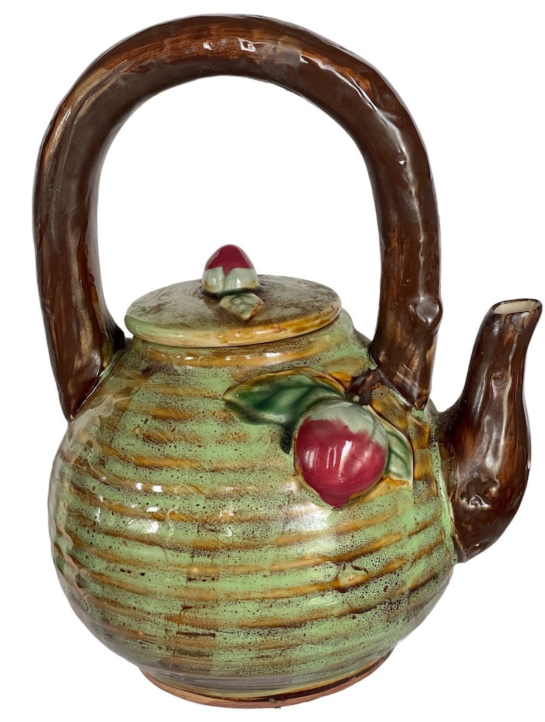Rustic Ceramic 32 Ounce Teapot With Plum and Leaf Raised Relief and ...