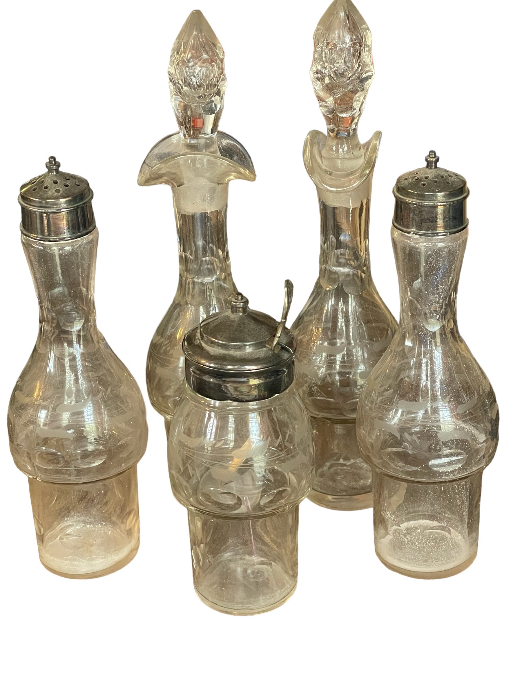 Antique Meriden B Company 5 Piece Condiment Set, Etched Glass, Spoon ...