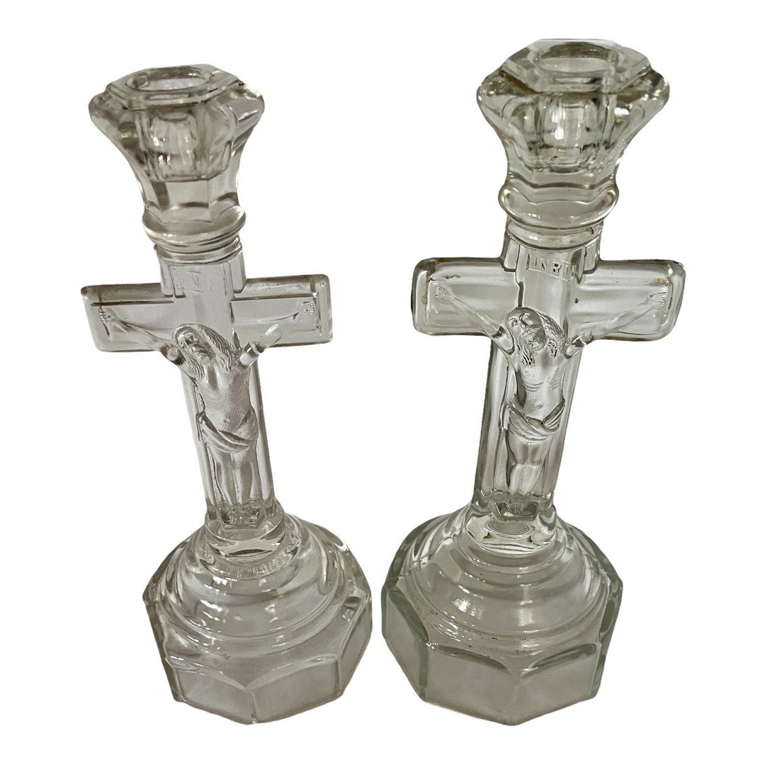 Set of 2 Glass Jesus on Cross Candle Stick Holder INRI Pair - Etsy
