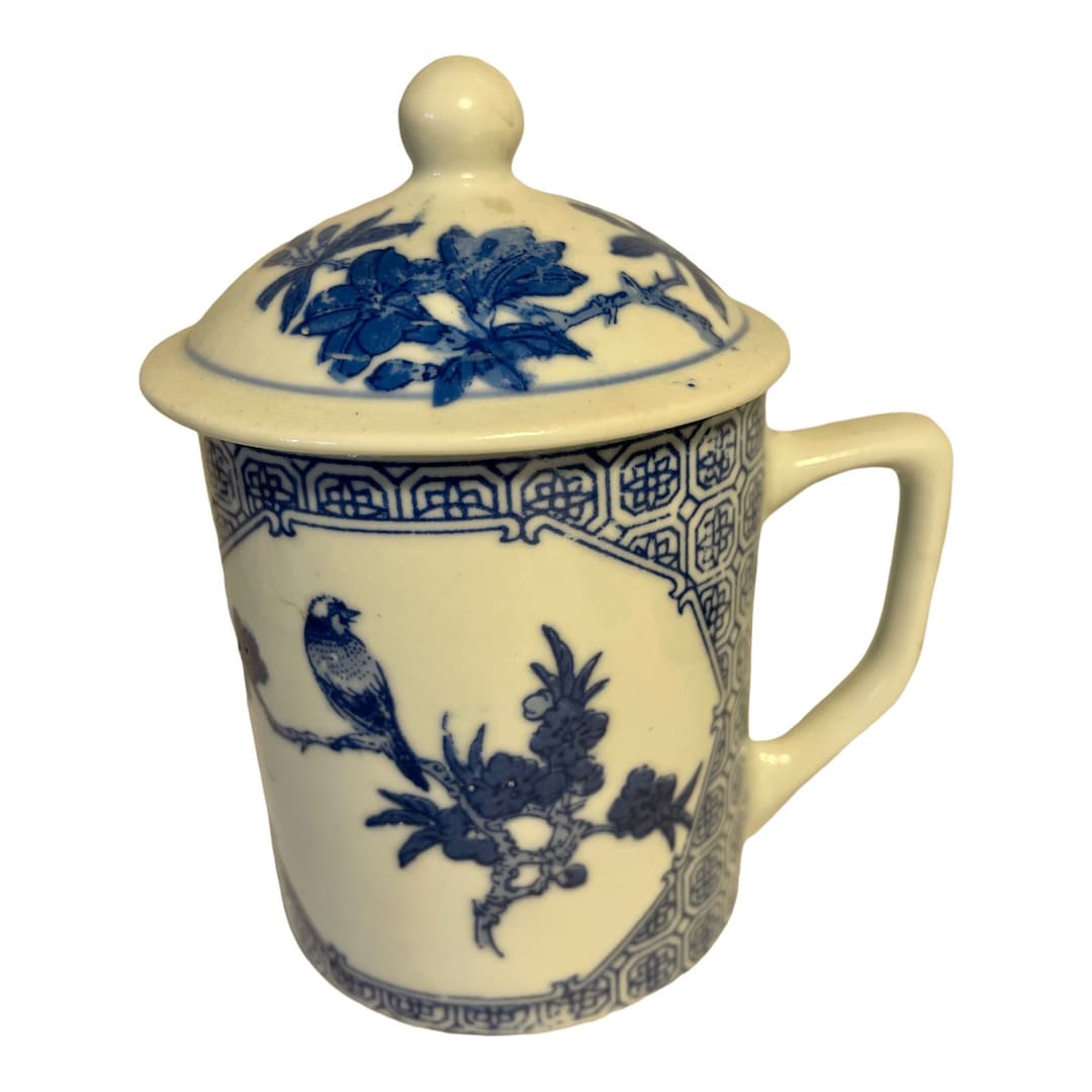 Bone China Mug Tea Set Cup With Lid Blue & White Traditional Tree and ...