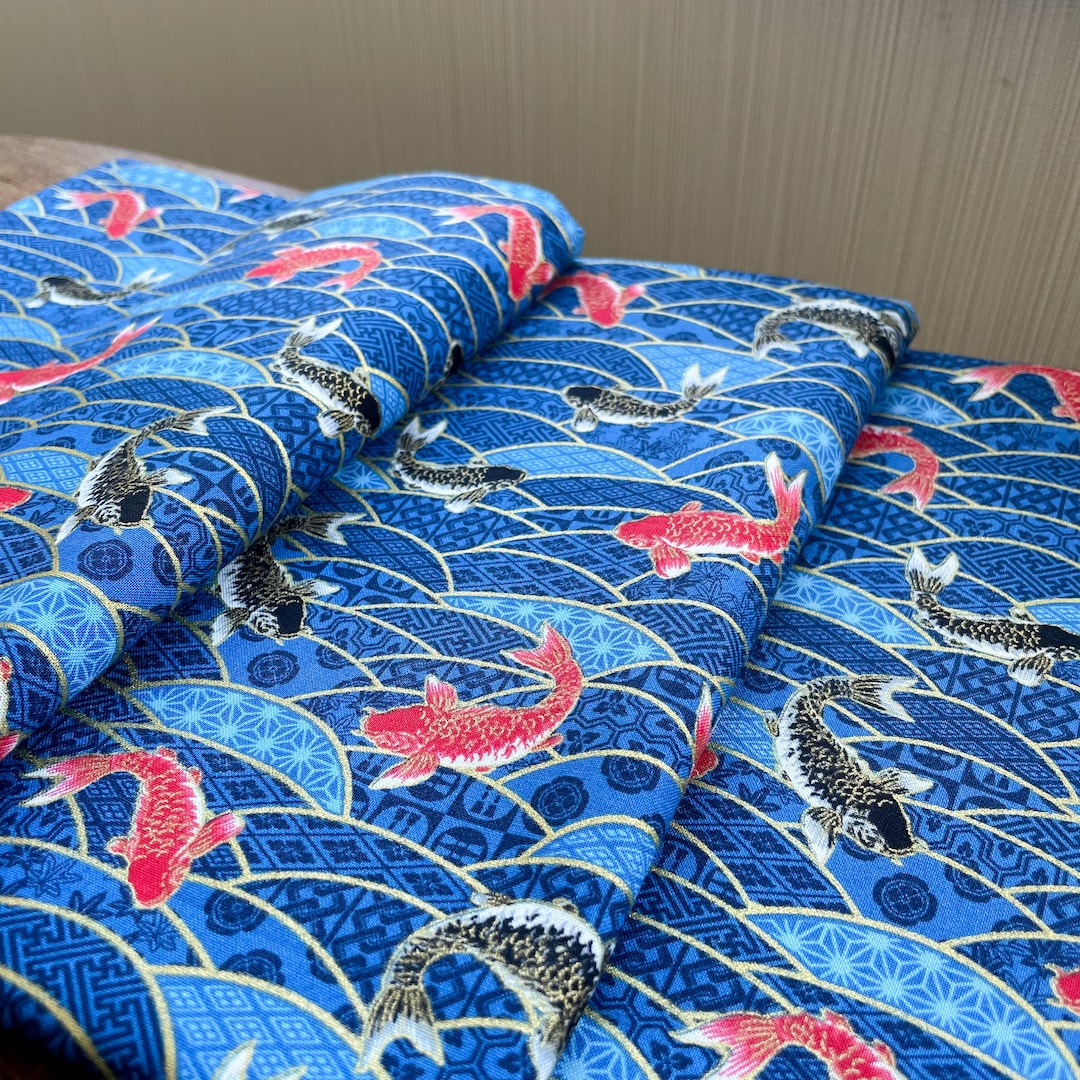 Authentic Japanese Cotton Blue Fabric With Koi Carp Geometric Wave ...