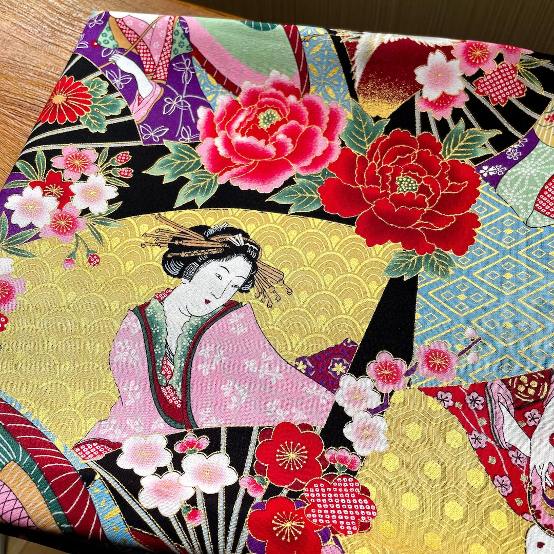Japanese Fabric Geisha 50cm / by the Meter/ Yard Cotton Print Black Red ...