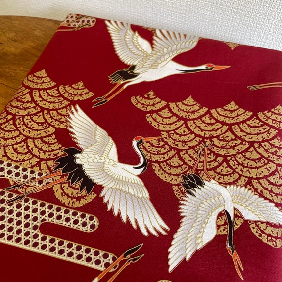 Japanese Fabric Crane Cotton Print Red Gold Cloth - Etsy