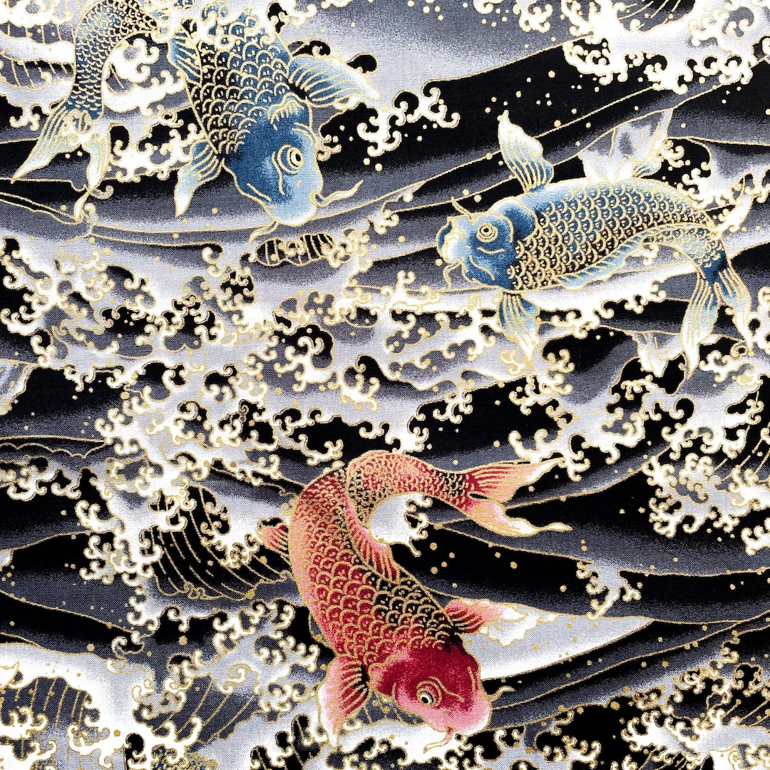 Authentic Japanese Cotton – Red & Blue Koi Carp With Waves on Black ...