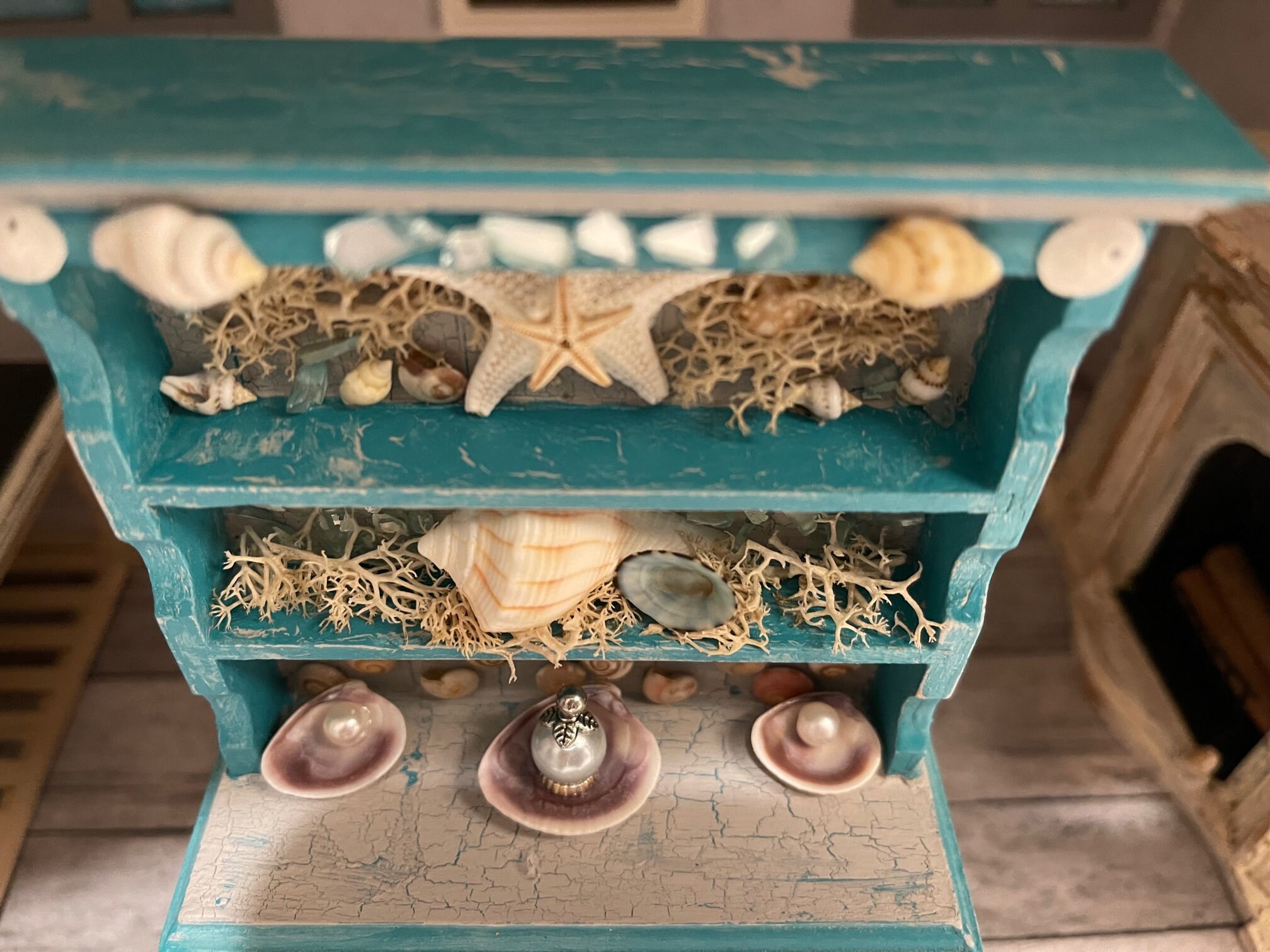 Beautiful Seashell Decorated Hutch Done With Aqua Crackle | Etsy