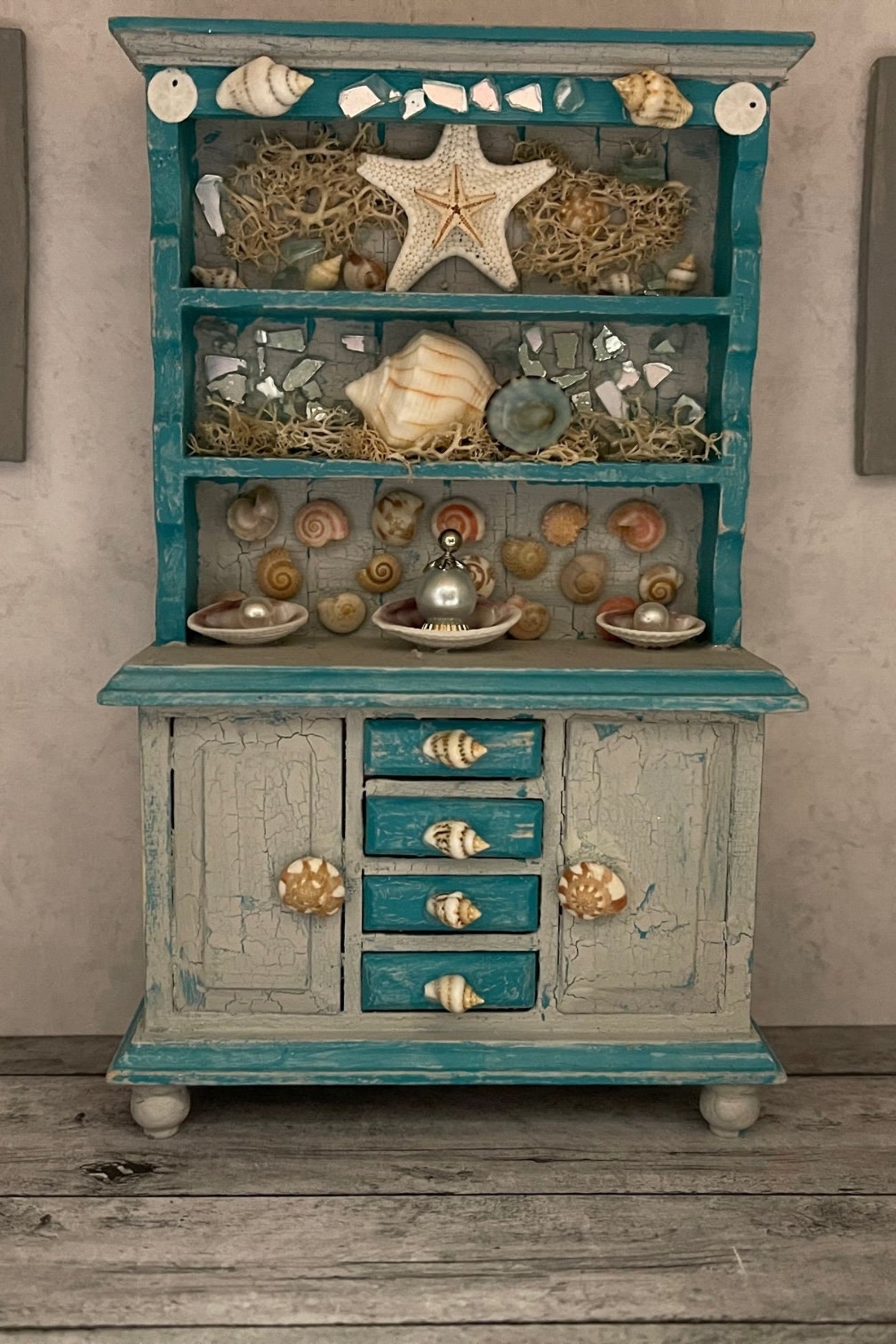 Beautiful Seashell Decorated Hutch Done With Aqua Crackle - Etsy