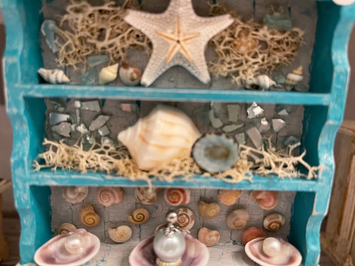 Beautiful Seashell Decorated Hutch Done With Aqua Crackle | Etsy