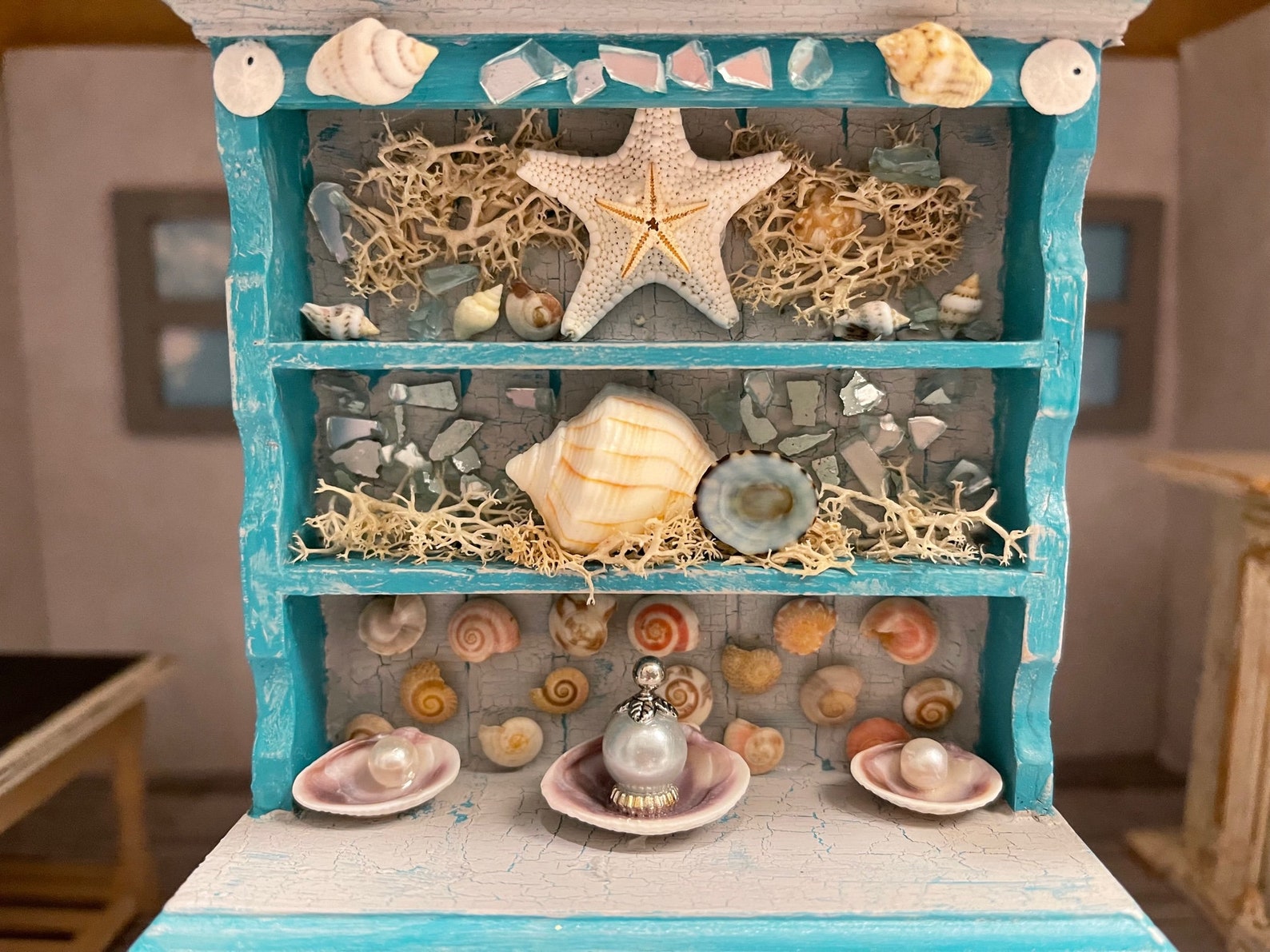 Beautiful Seashell Decorated Hutch Done With Aqua Crackle | Etsy