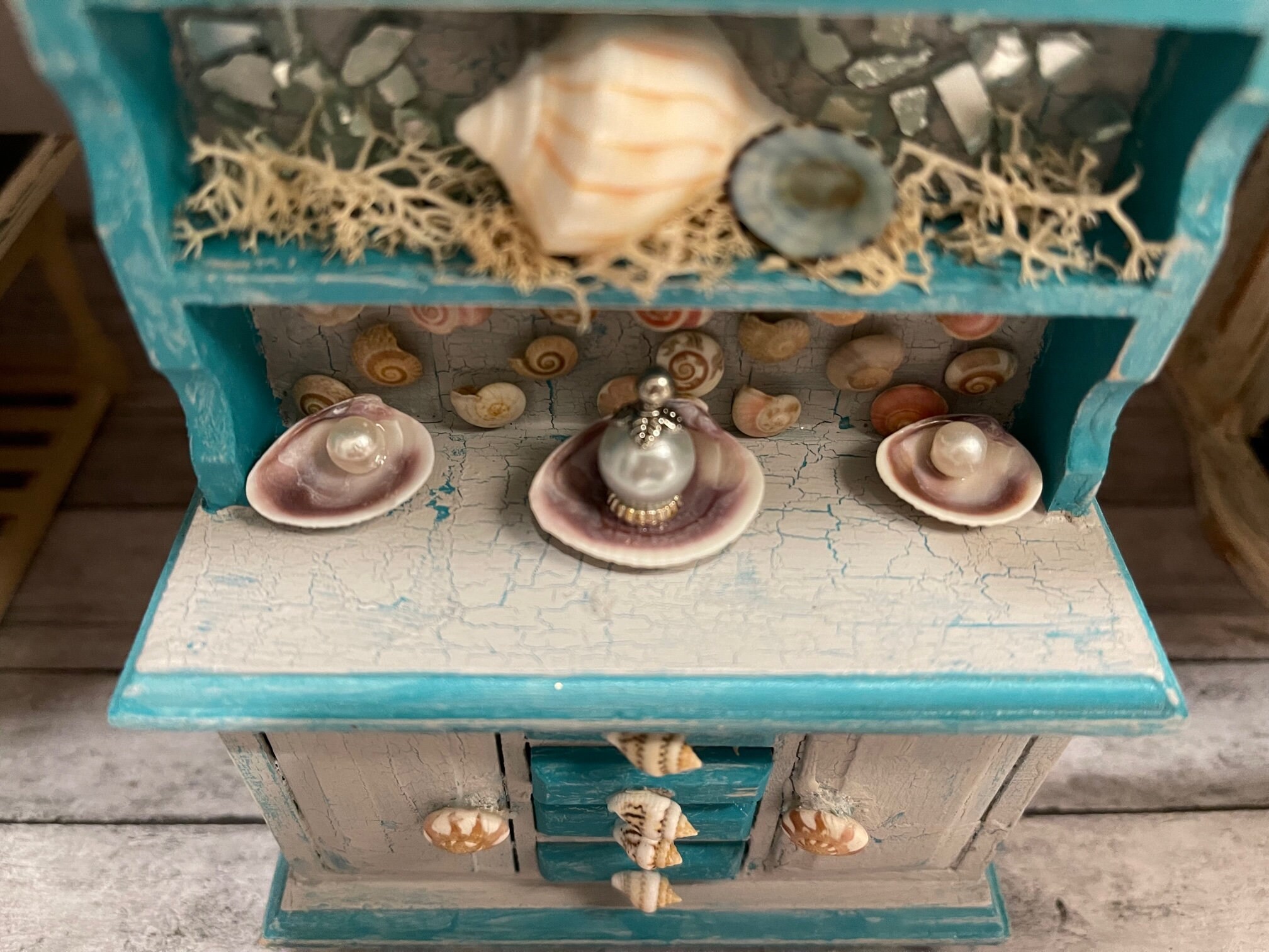 Beautiful Seashell Decorated Hutch Done With Aqua Crackle | Etsy