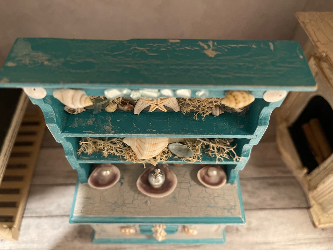 Beautiful Seashell Decorated Hutch Done With Aqua Crackle | Etsy