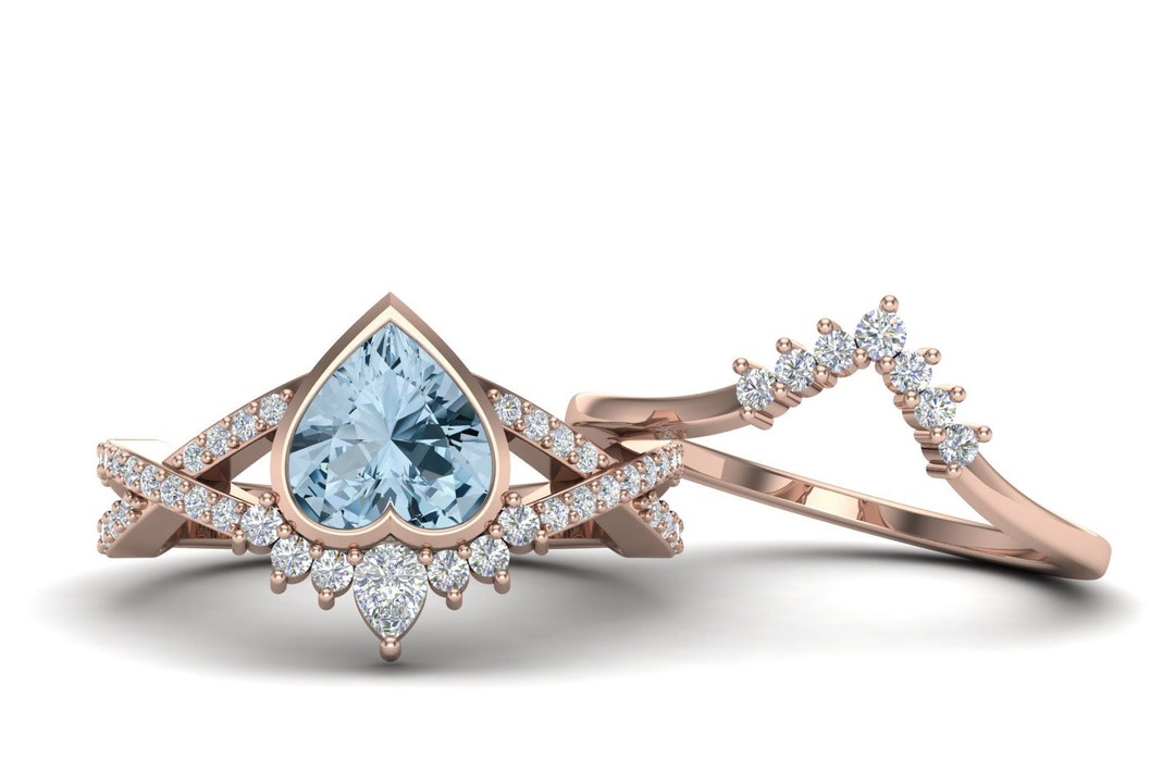 2 Piece Engagement Ring Set Heart Cut Aqumarine Wedding Ring Set Unique ...