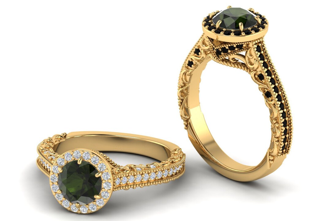 Art Deco Moldavite Ring for Women 14k Gold Moldavite Ring Moldavite ...