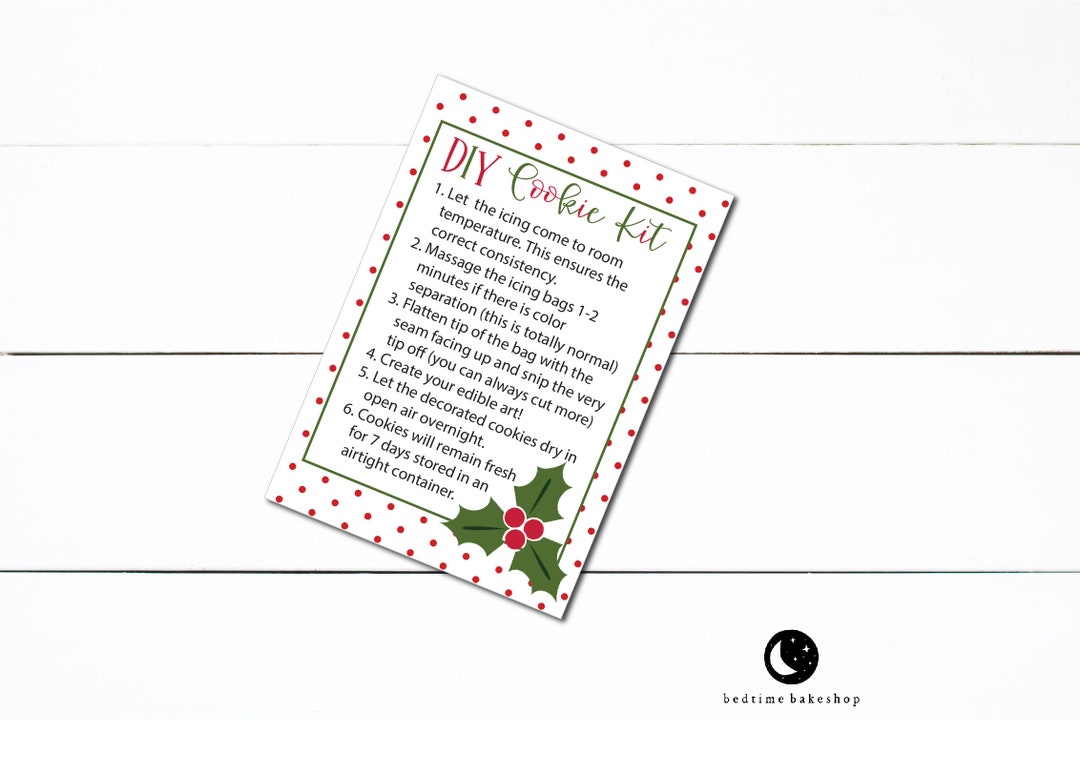 Printable Christmas DIY Cookie Kit Instruction Card Holly Leaves 3.5" X ...