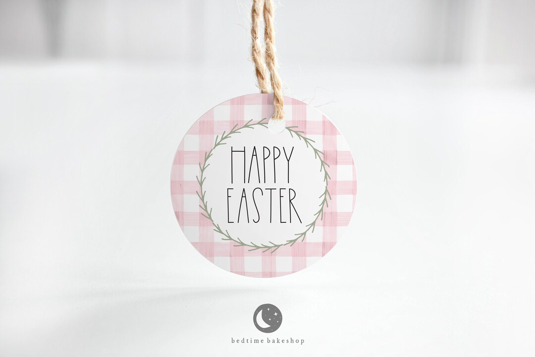 Printable 2" Round Easter Cookie Tag - Happy Easter Pink Gingham ...