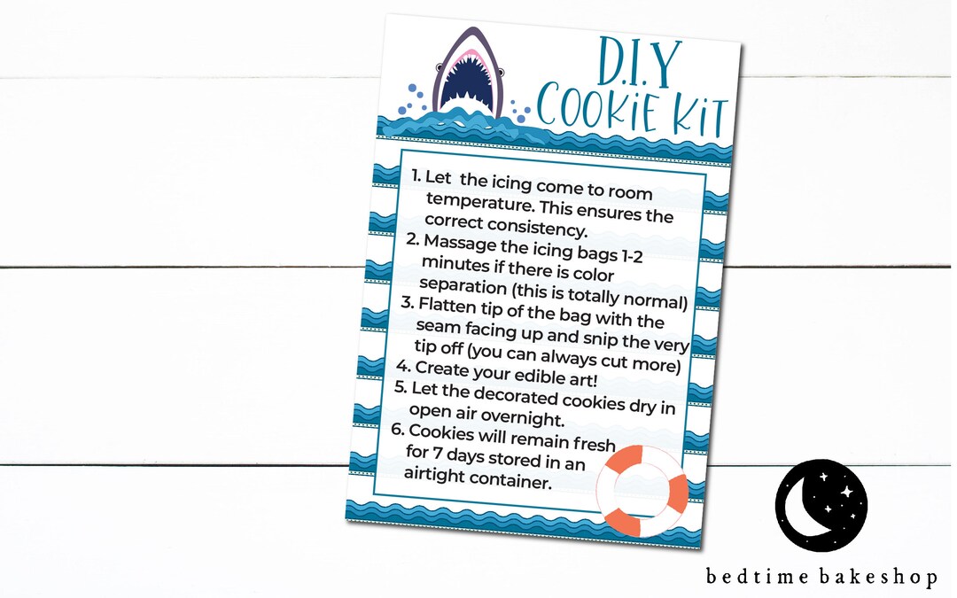 Printable Summer Shark Week DIY Cookie Kit Instruction Card Black ...