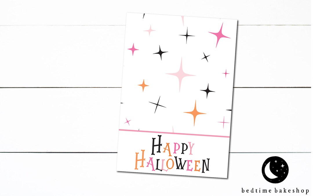 Printable Cookie Card Happy Halloween Pink Retro Stars - 3.5" X 5" Mini ...