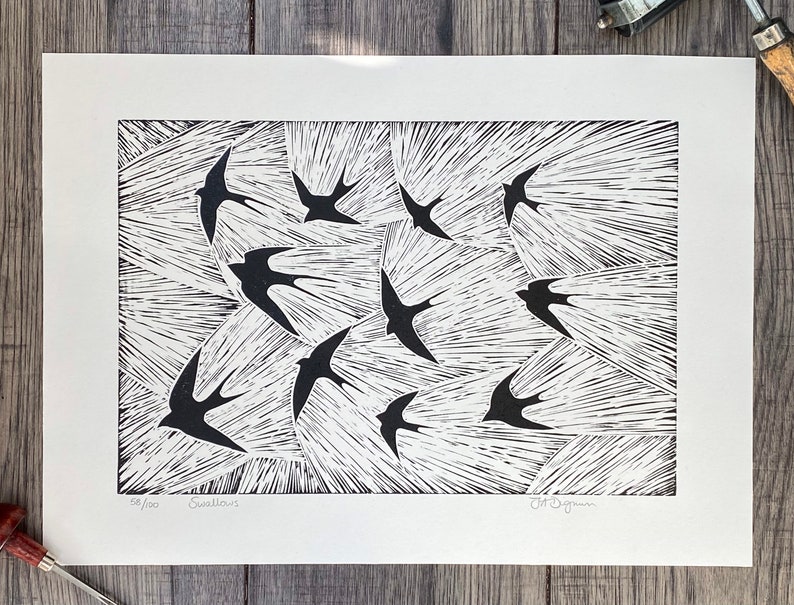 Limited Edition Handmade Linocut Print. Swallows - Etsy