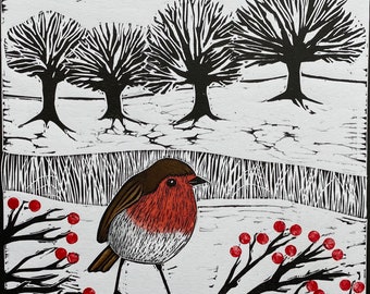 Handmade Linocut Print. Robin in Winter. | Etsy