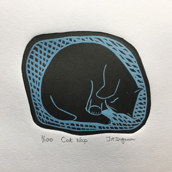 Cat nap. Original limited edition mini linocut. | Etsy